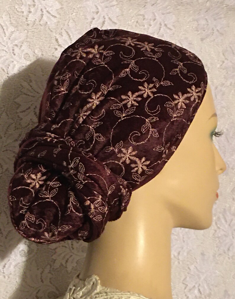 Wine Floral Embroidered Snood Wrap Head Covering • Headwear for Modesty ...