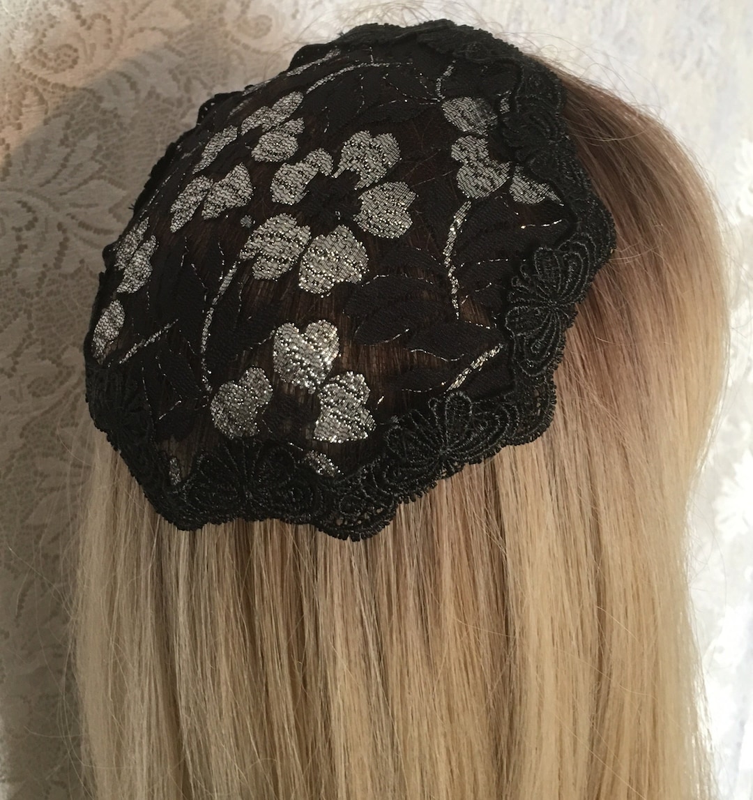 Black Silver Lace Doily Headcover, Venise Trim , Bat Mitzvah Gift, Lace ...