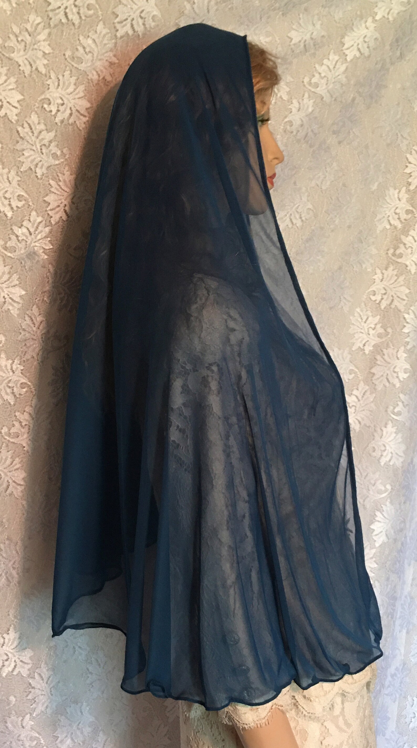Turquoise Sheer Veil or Shawl • Round Cut Mantilla • Hair Wrap • Head ...