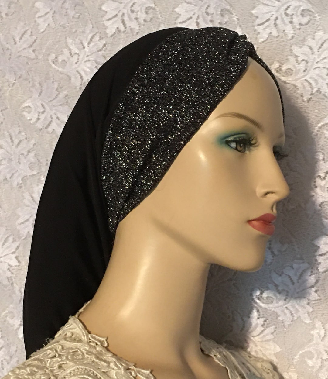 Black Silver Turban Snood Head Covering • Women Hair Snoods • Tichel ...