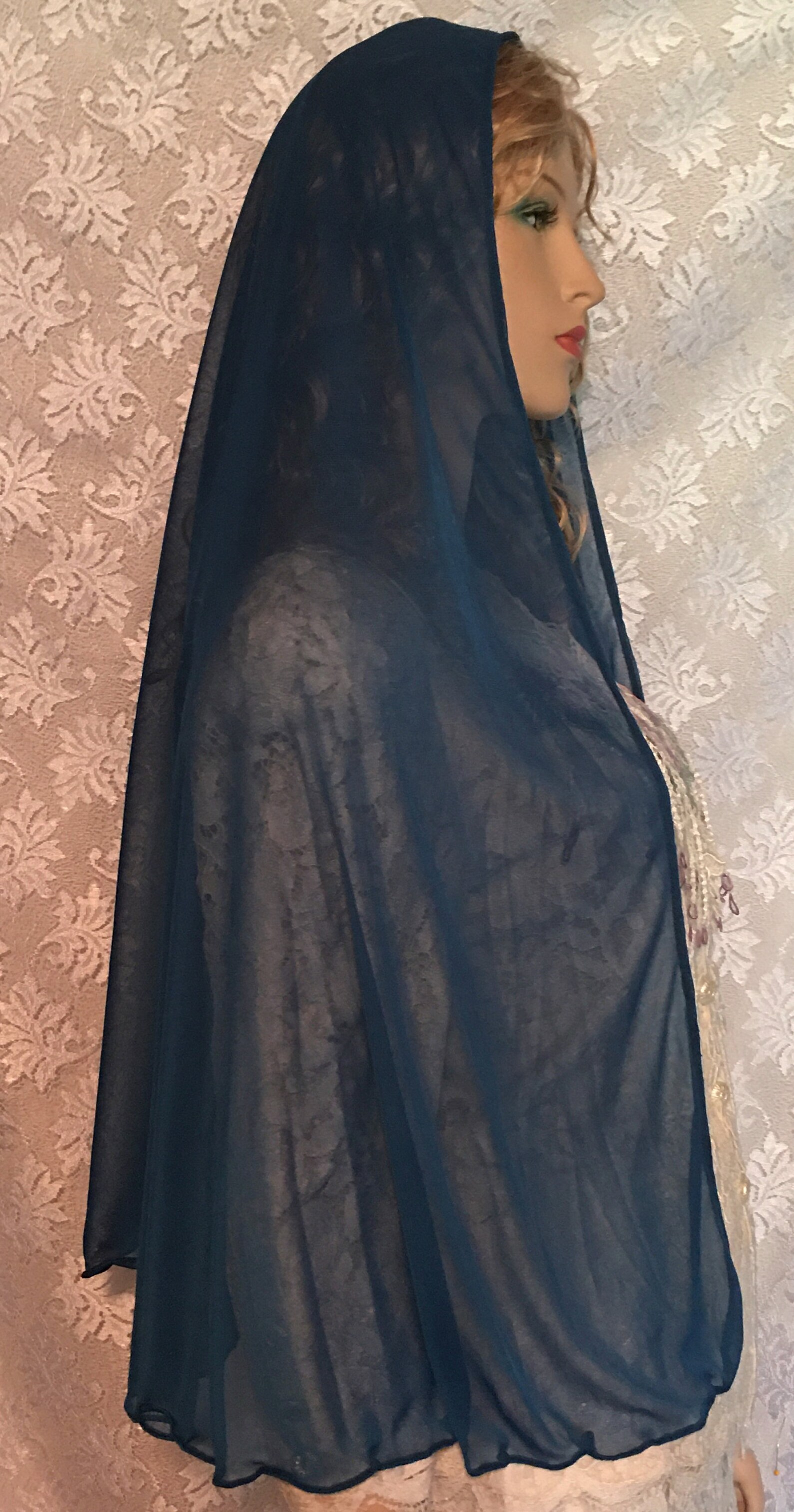 Turquoise Sheer Veil or Shawl • Round Cut Mantilla • Hair Wrap • Head ...