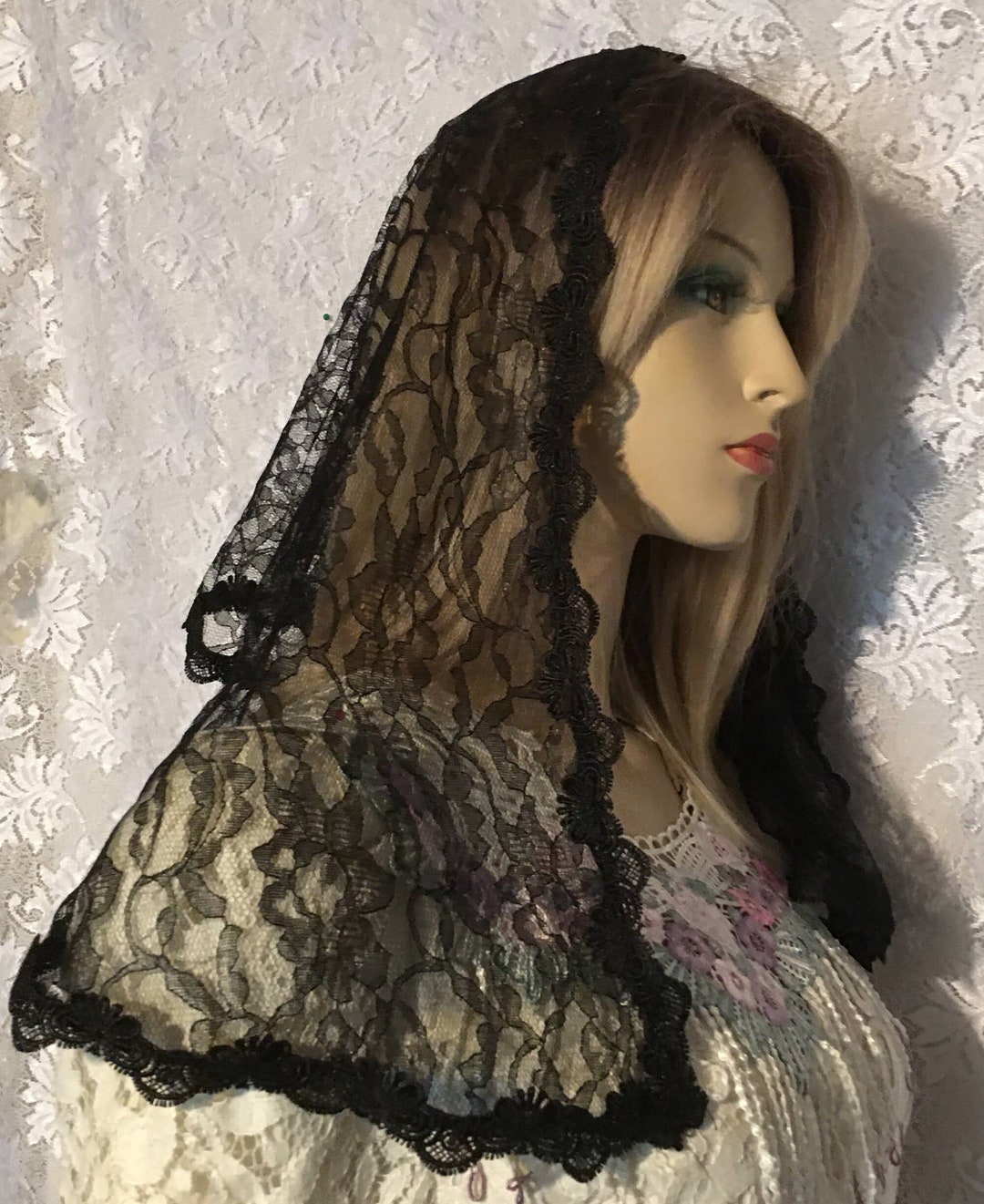 BLACK Lace Veil Lace Mantilla Veil Lace Hair Wrap Trim Lace Head ...