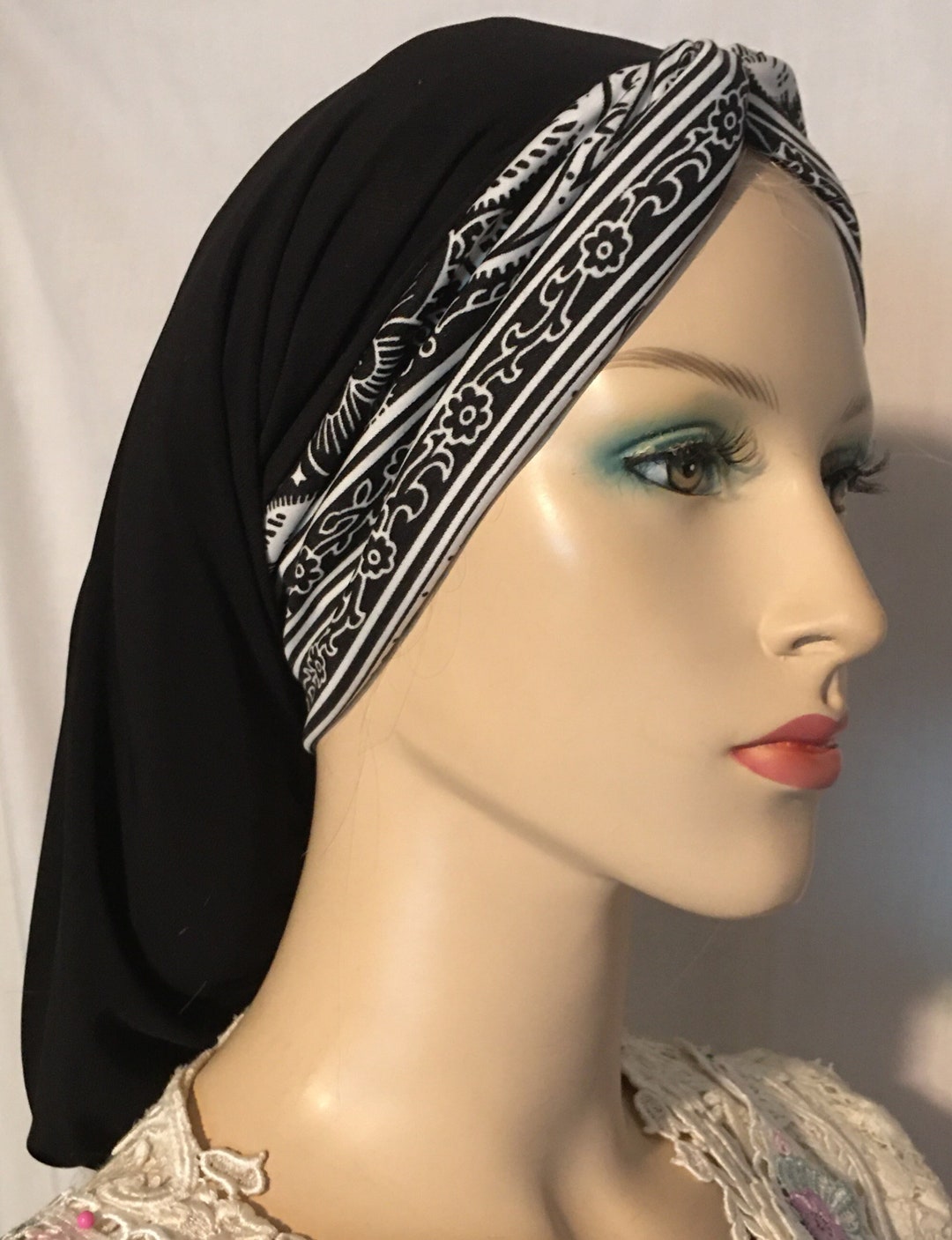 Black Design Turban Snood Head Covering Women Hair Snoods Tichel Scarf ...