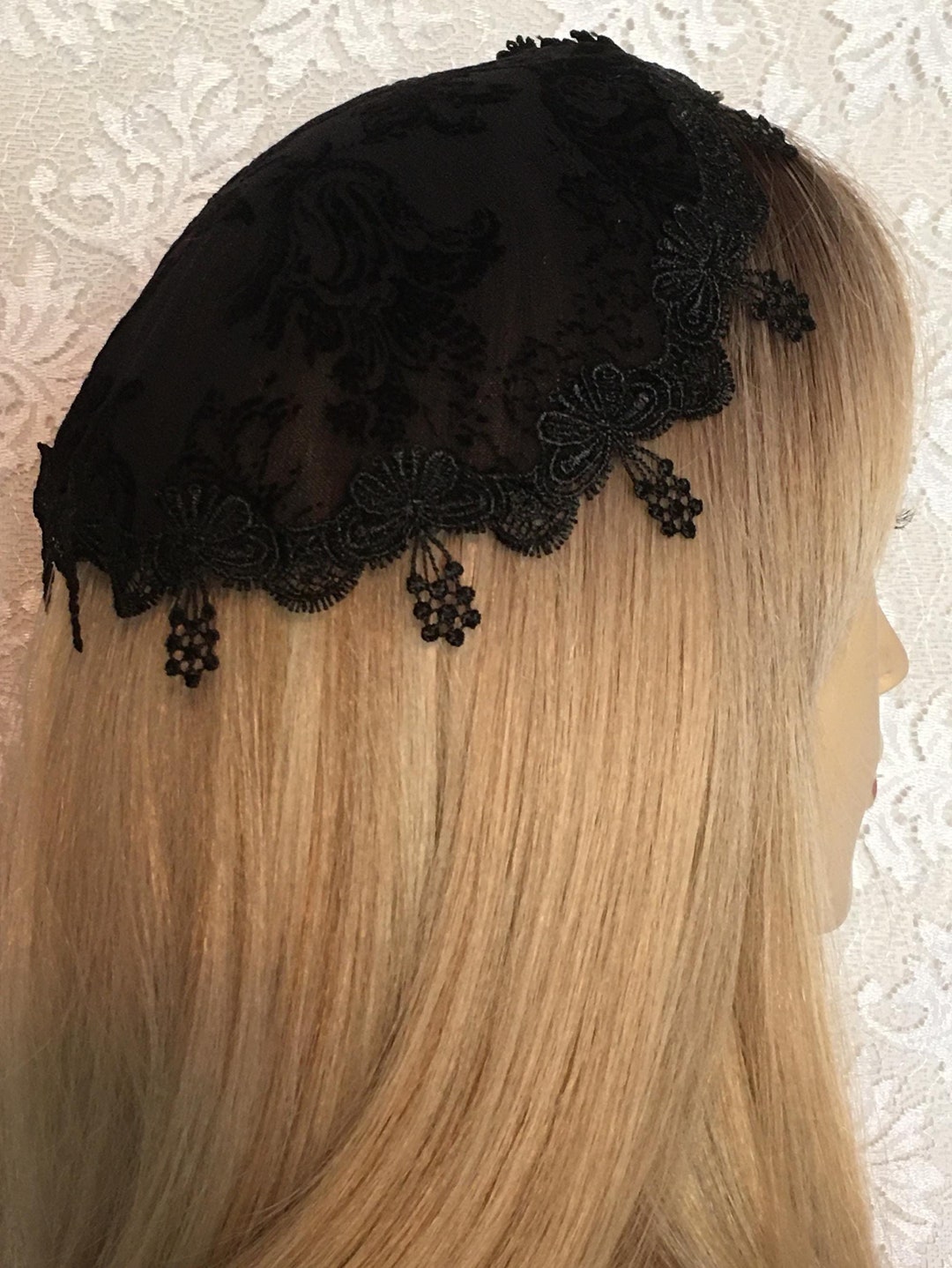 Black Sheer Designed Doily Headcover With Scalloped Bow Venise Trim ...