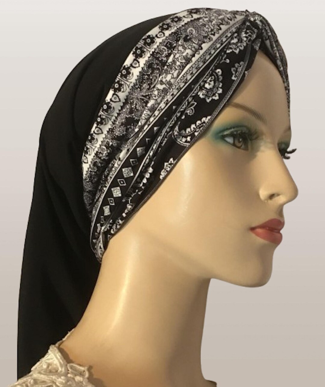 Black Design Turban Snood Head Covering • Women Hair Snoods • Tichel ...