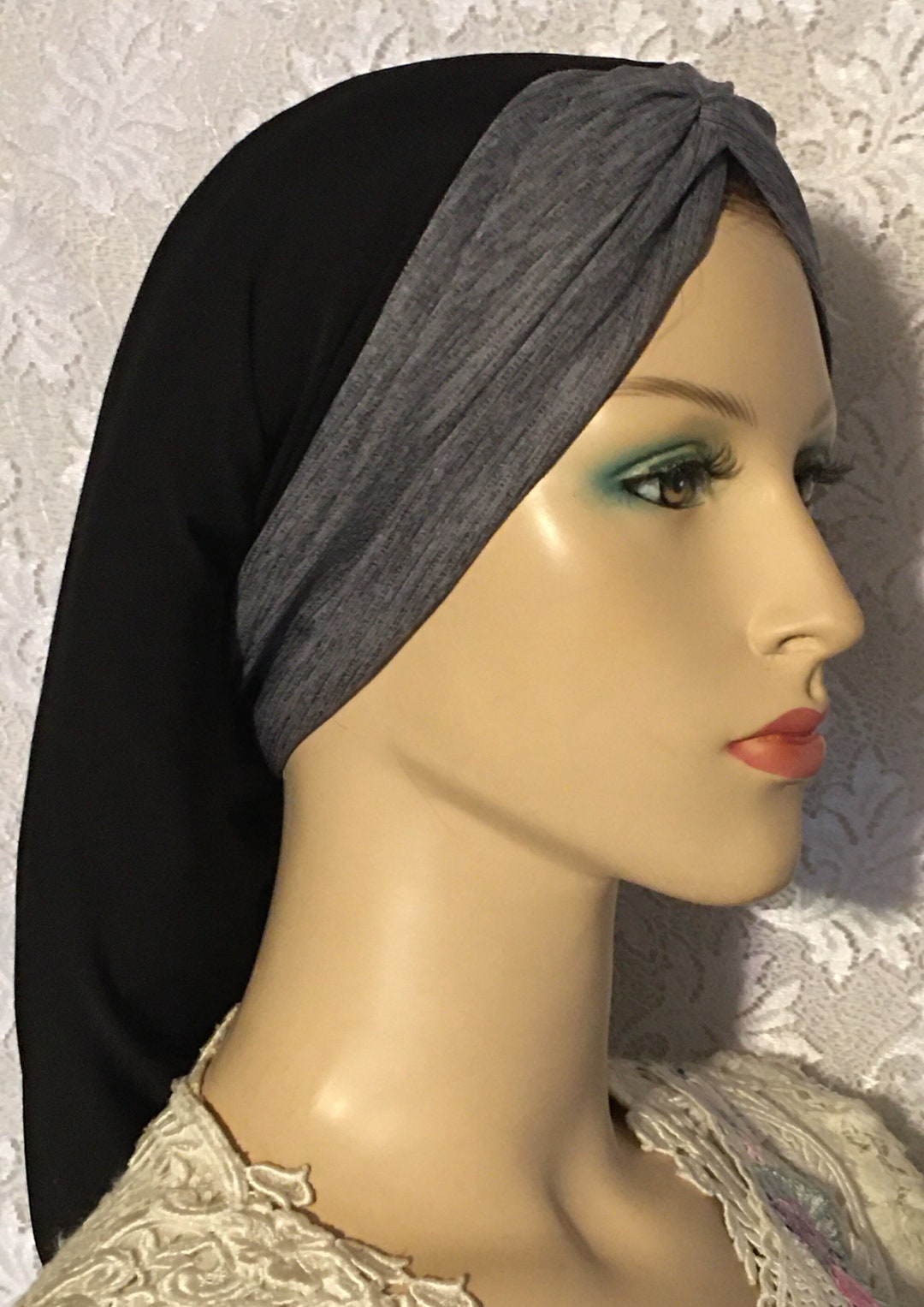 Black Gray Turban Knot Snood Head Covering • Women Hair Snoods • Tichel ...