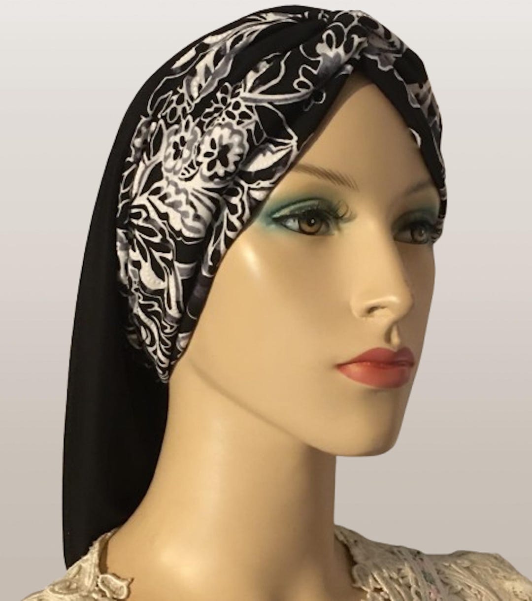 Black Gray Turban Knot Snood Head Covering, Women Hair Snoods, Tichel ...