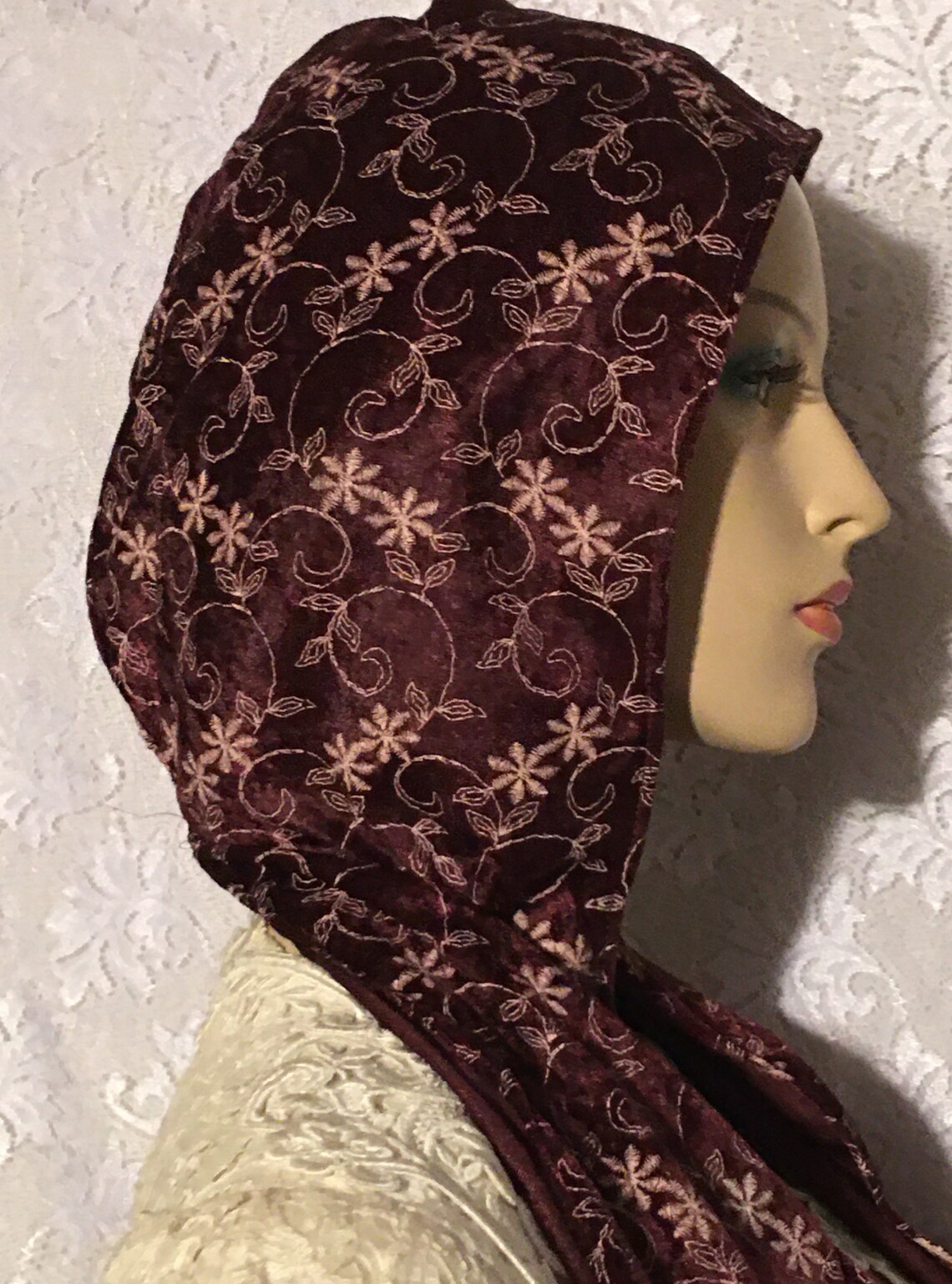 Wine Floral Embroidered Snood Wrap Head Covering • Headwear for Modesty ...
