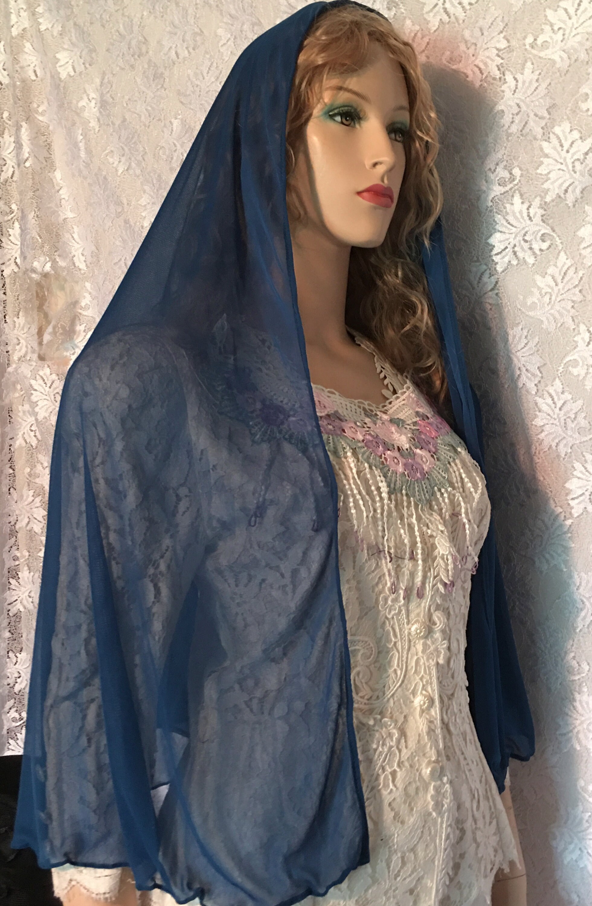 Turquoise Sheer Veil or Shawl • Round Cut Mantilla • Hair Wrap • Head ...