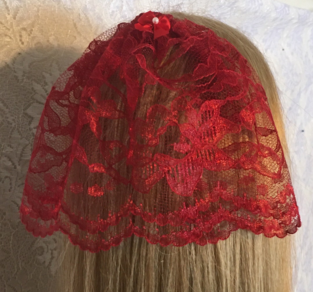Cardinal Red Floral Bat Mitzvah Head Covering | Lace Kippah Hair Cover ...
