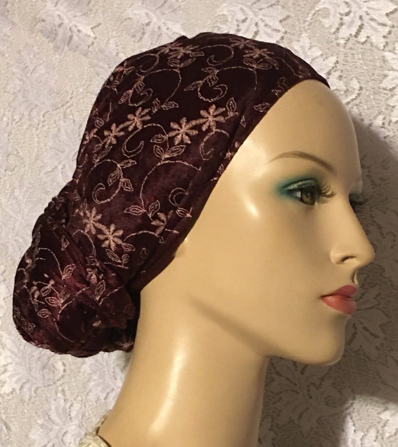 Wine Floral Embroidered Snood Wrap Head Covering • Headwear for Modesty ...