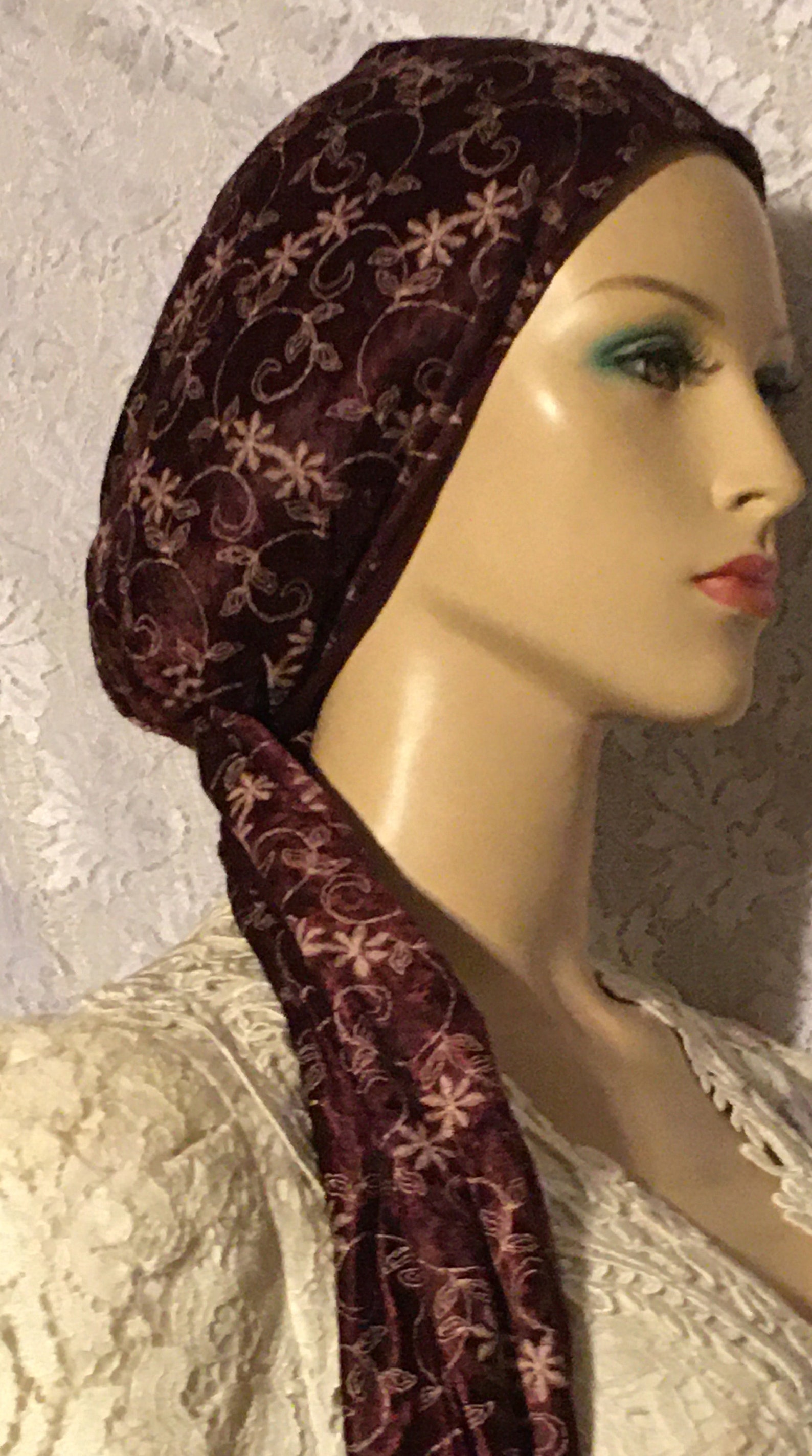 Wine Floral Embroidered Snood Wrap Head Covering • Headwear for Modesty ...