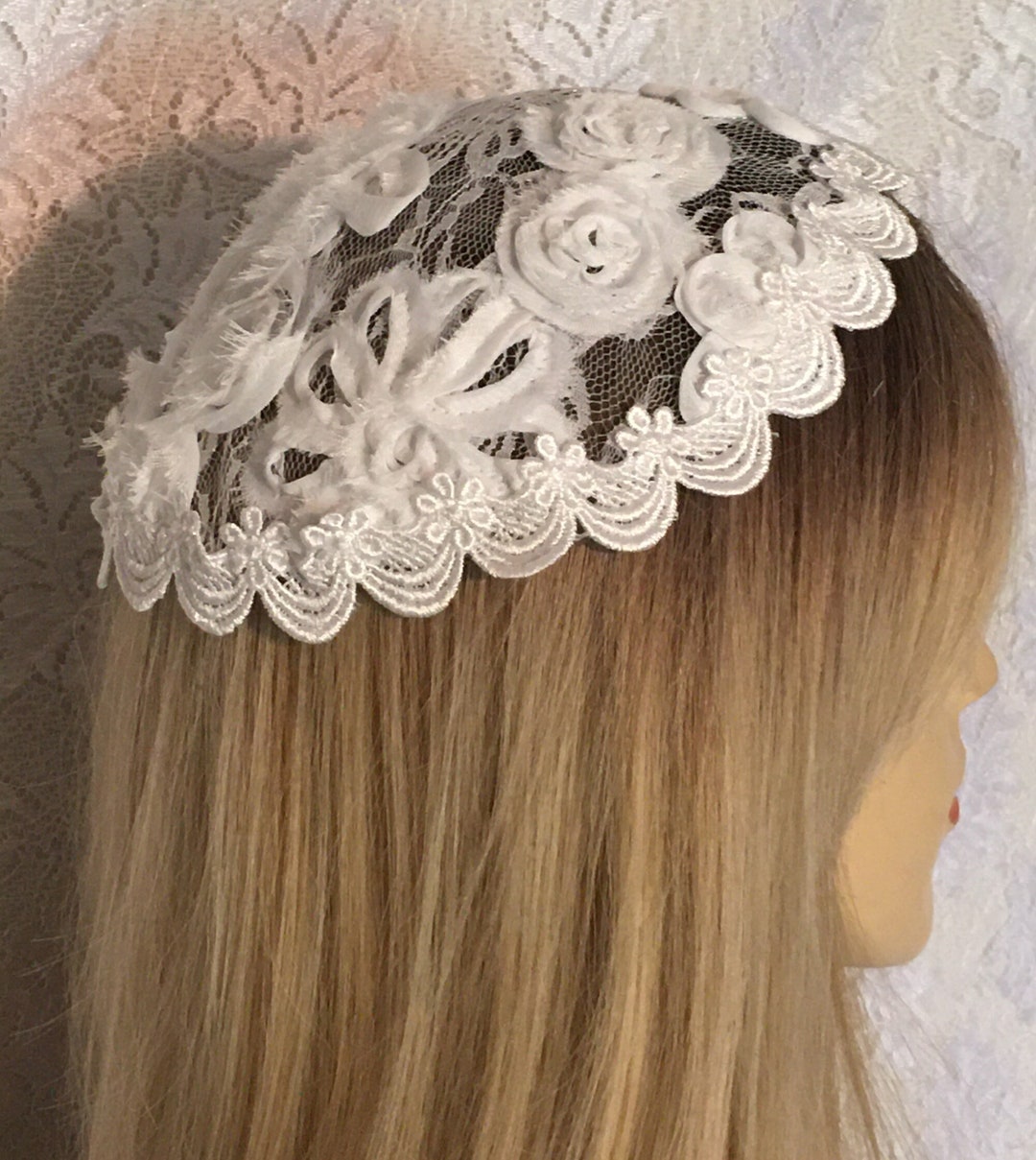 Women 3D Chiffon Rose Lace Doily Head Cover • Doilies • Chapel Cap ...