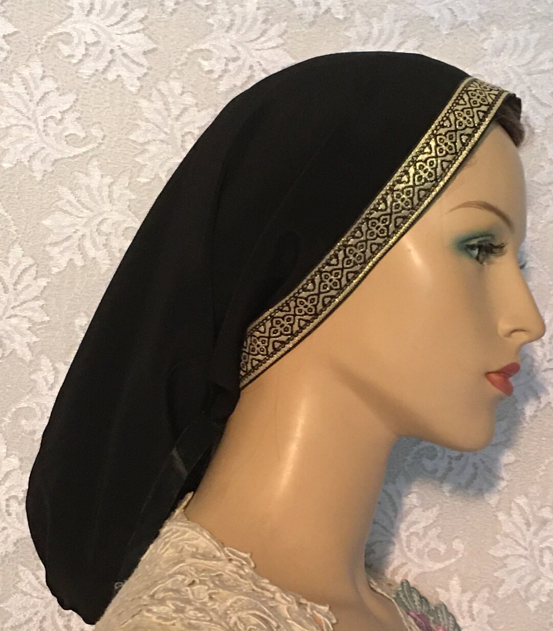 Jacquard Band Snood Head Cover • Black Hair Snood • Snoods for Women ...