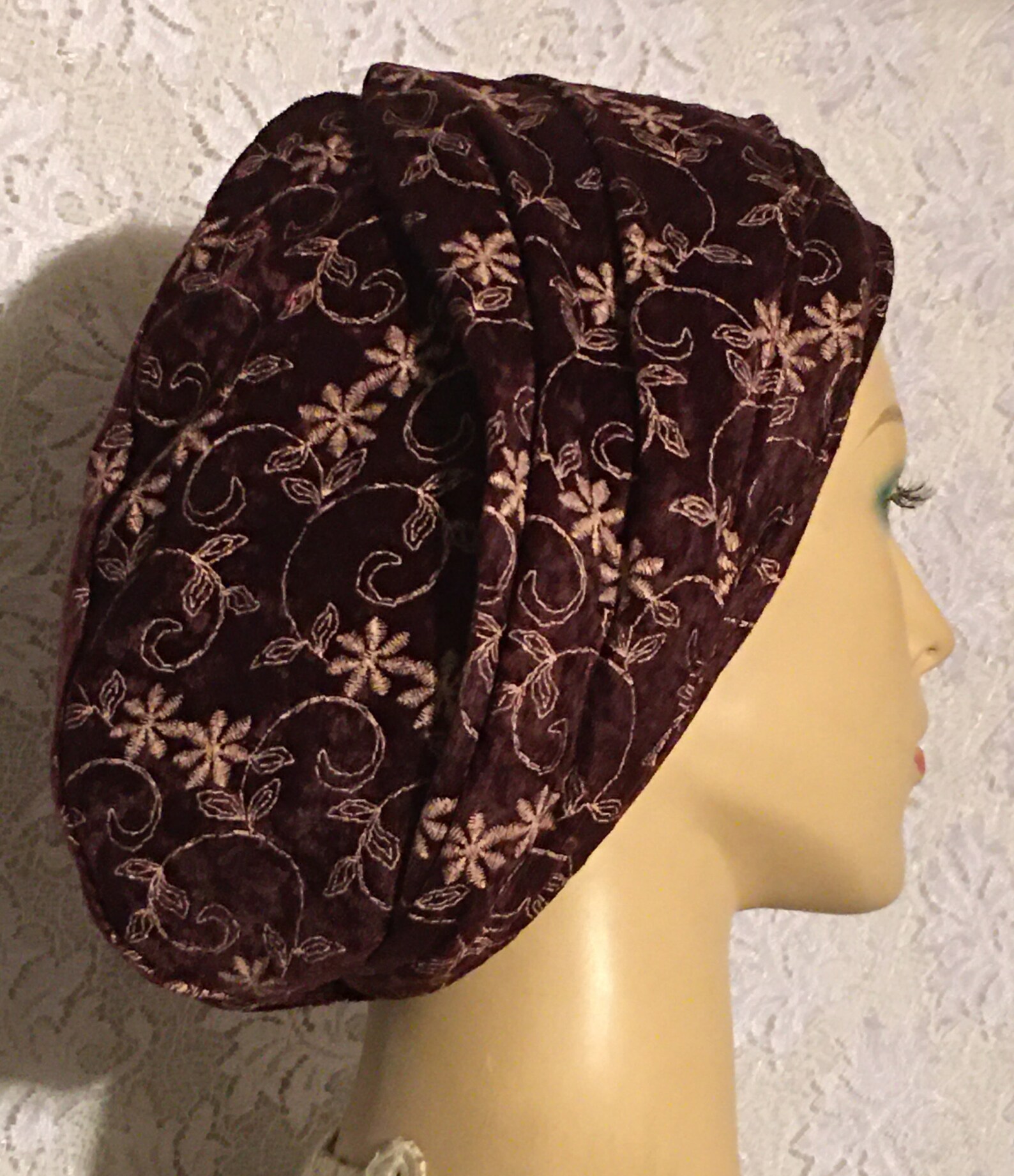 Wine Floral Embroidered Snood Wrap Head Covering • Headwear for Modesty ...