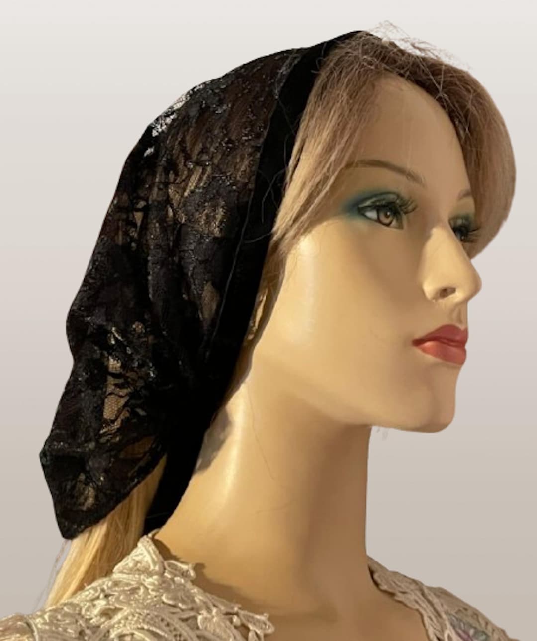 Black Satin Stitch Lace Kerchief Modest Covering With Velvet Ties, Lace ...
