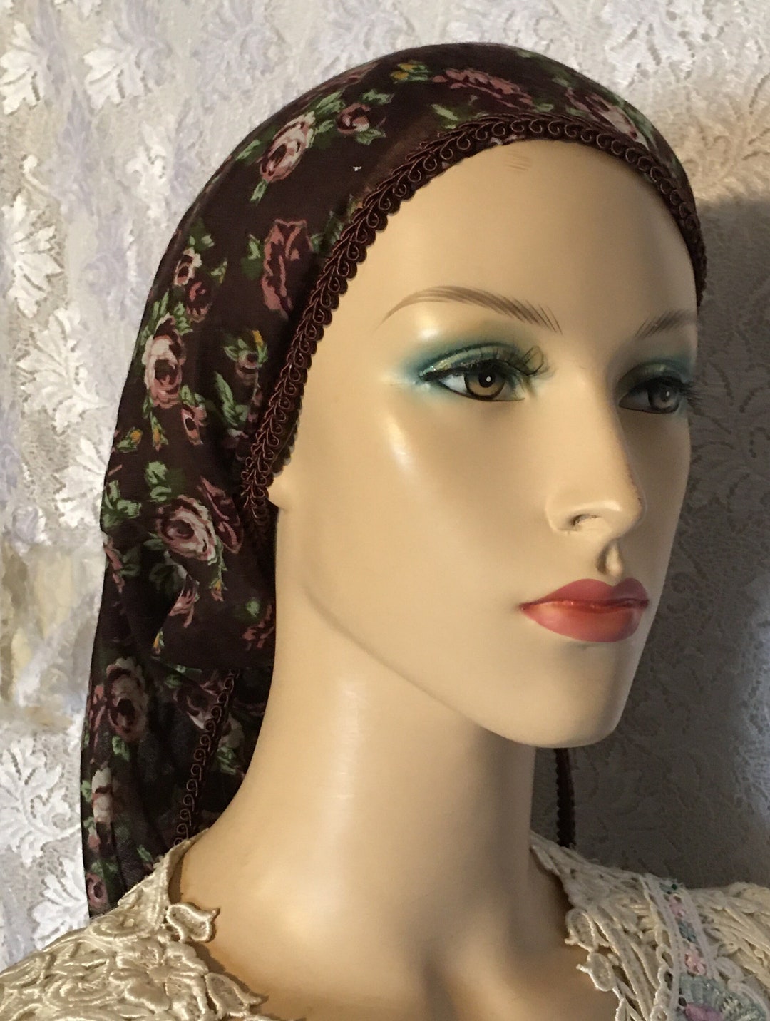 Brown Floral Cotton Snood Headcovering All Cotton Snoods For Women