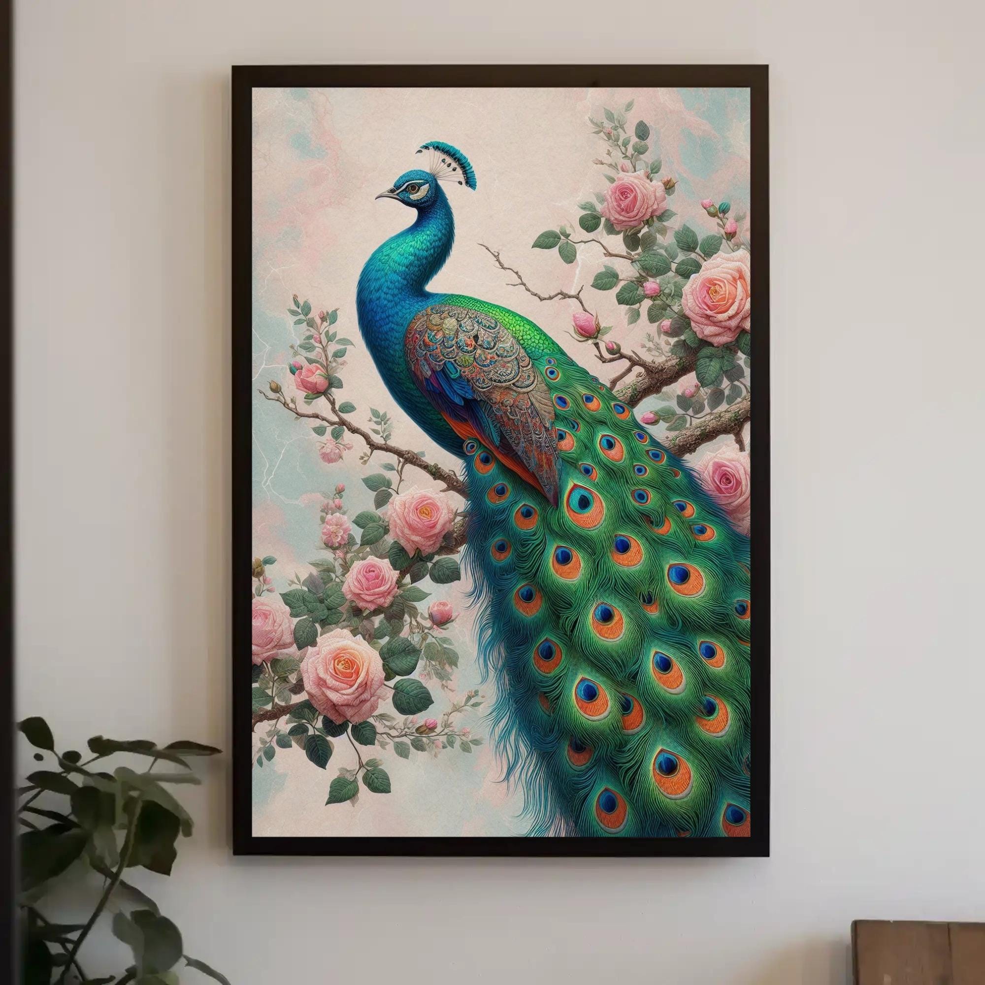 Beautiful Indian Peacock With Roses Printable Digital Wall Art, Peacock ...