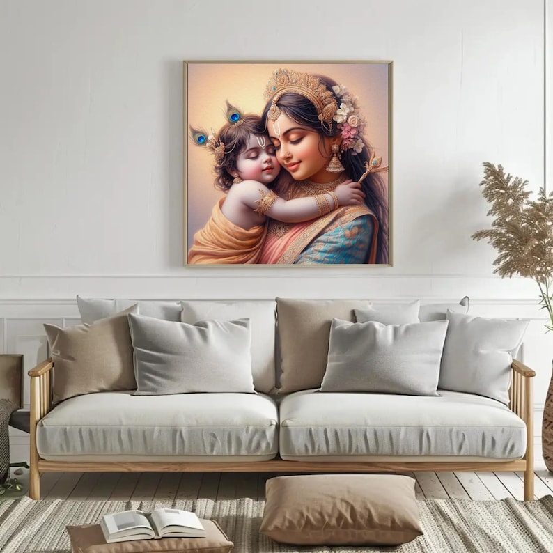 Beautiful Baby Krishna With Mom Yasodha Digital Wall Art, Hindu Wall ...