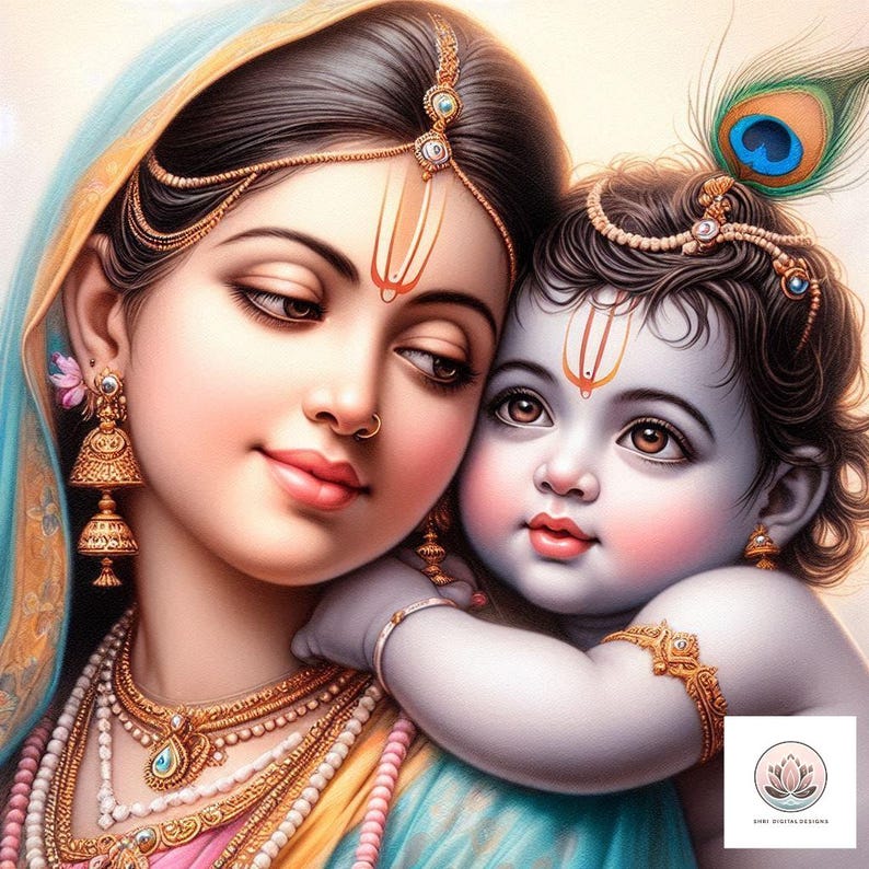 Beautiful Baby Krishna With Mom Yasodha Digital Wall Art, Krishna Wall ...