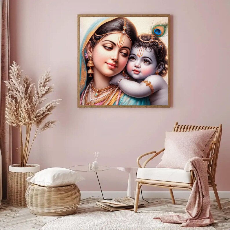 Beautiful Baby Krishna With Mom Yasodha Digital Wall Art, Krishna Wall ...
