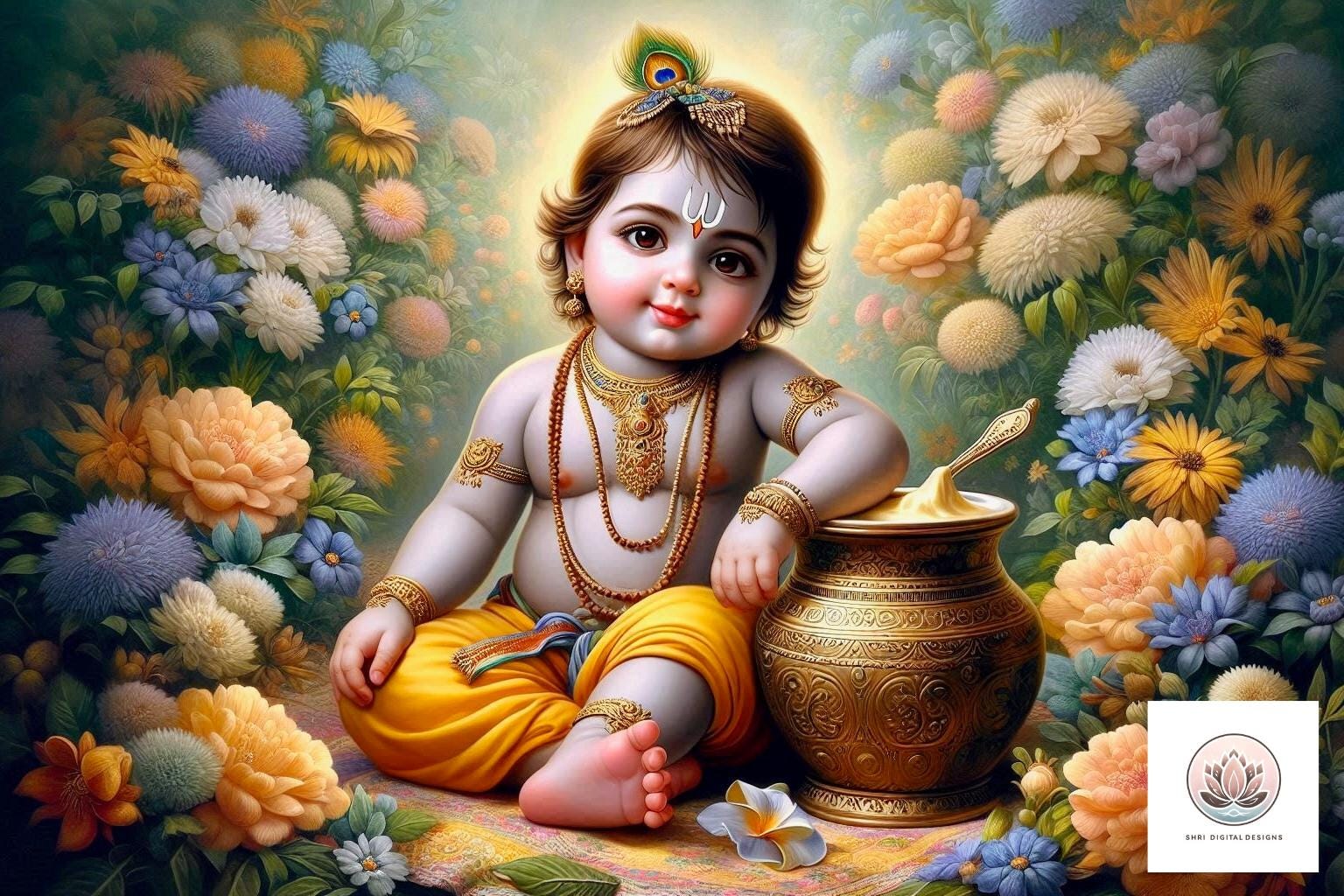 Enchanting Baby Krishna With Floral Background Printable Digital Wall ...