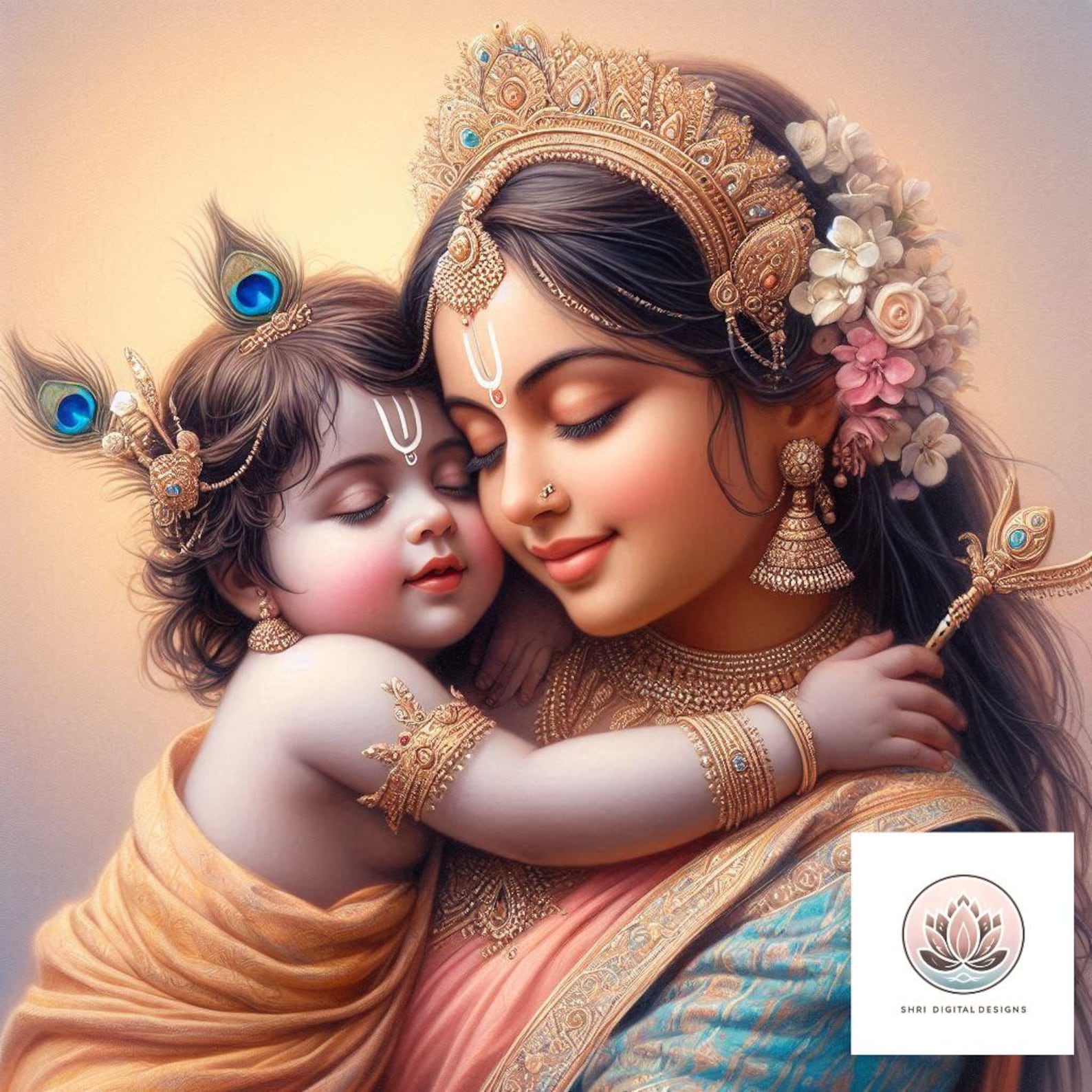 Beautiful Baby Krishna With Mom Yasodha Digital Wall Art, Hindu Wall ...