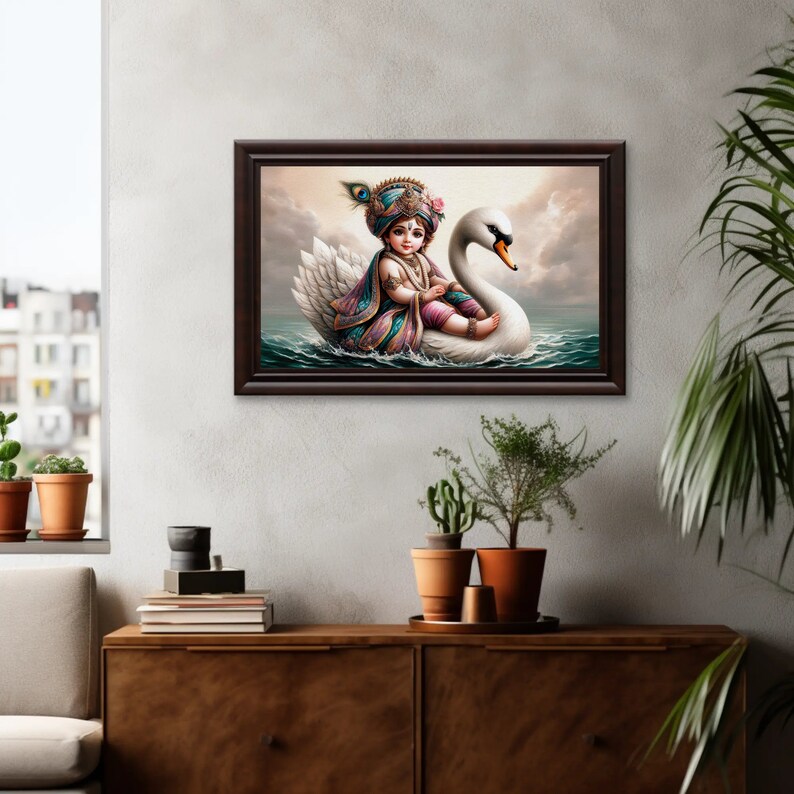 Lord Baby Krishna Sitting in Swan Oil Painting Style Printable Wall Art ...
