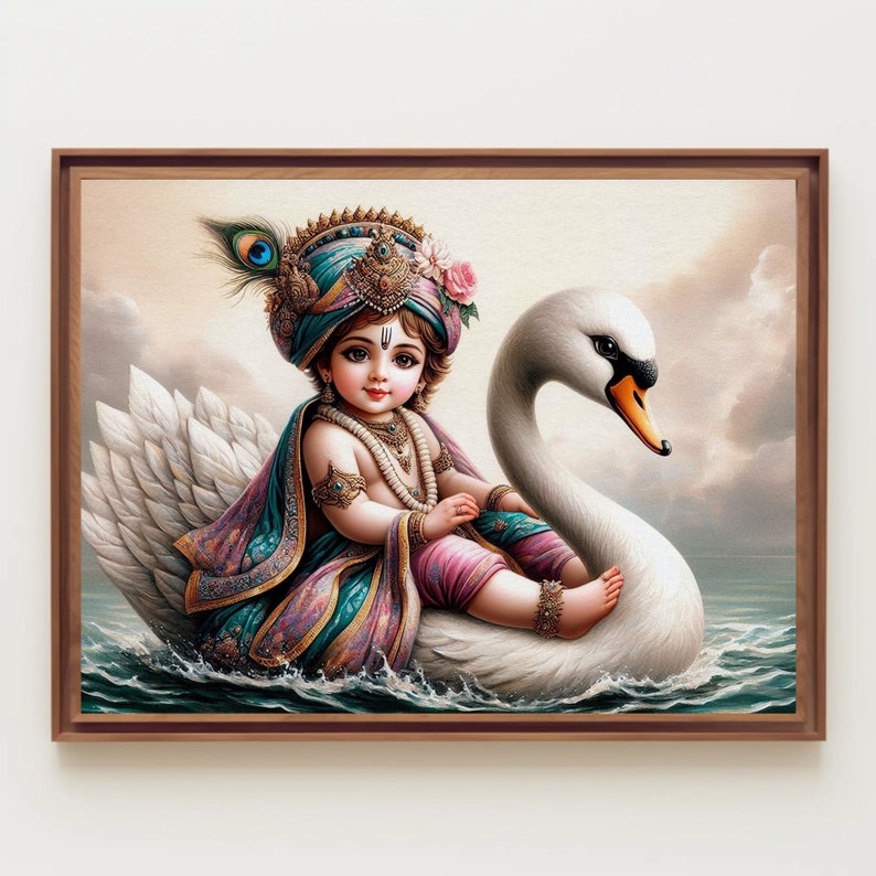 Lord Baby Krishna Sitting in Swan Oil Painting Style Printable Wall Art ...