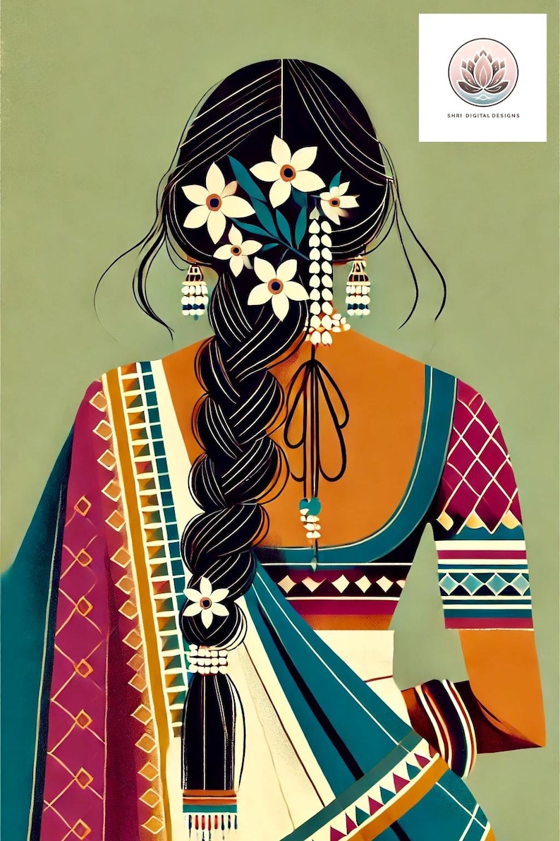Indian Woman Printable Digital Wall Art, Indian Lady Art, Long Braided ...