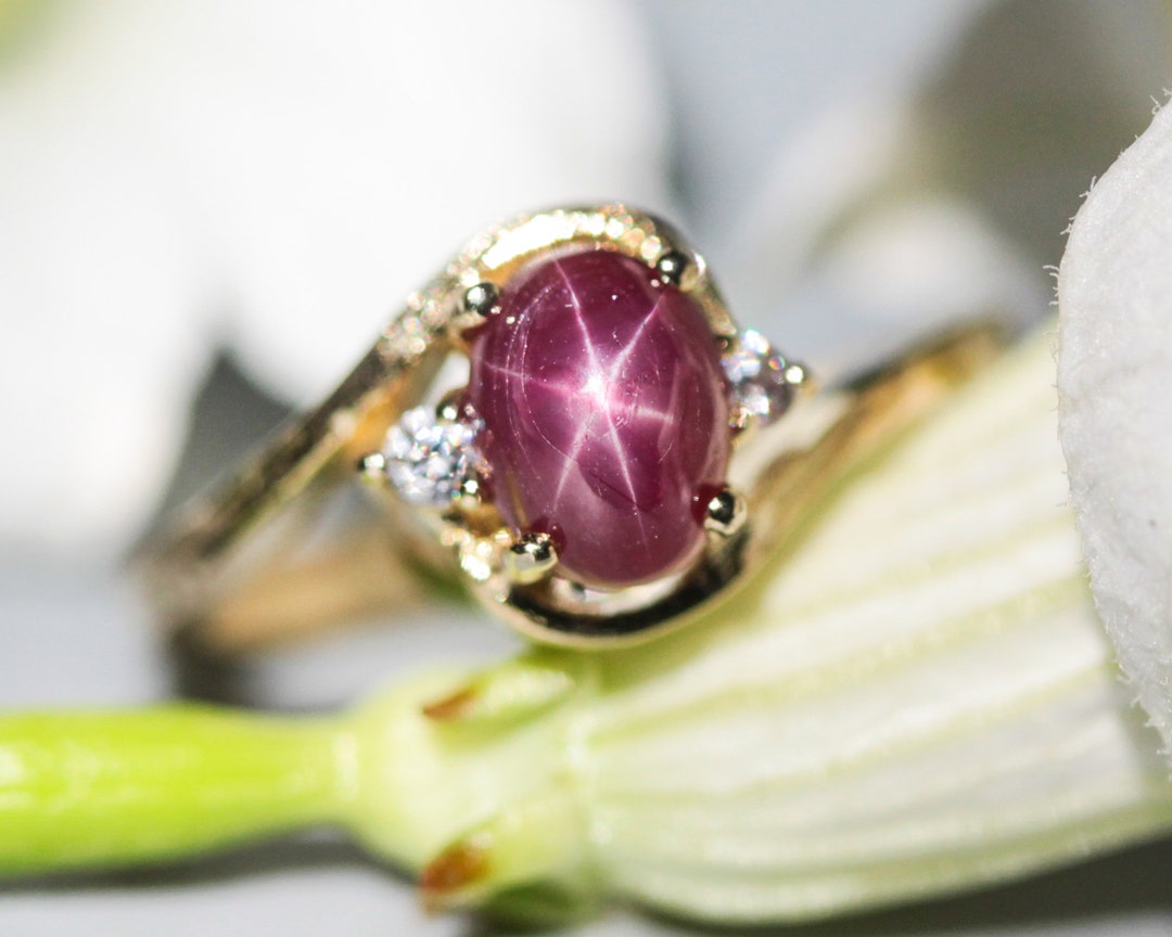 Oval Star Ruby Ring and Twin Side Set Diamonds With 14k Gold Wood ...