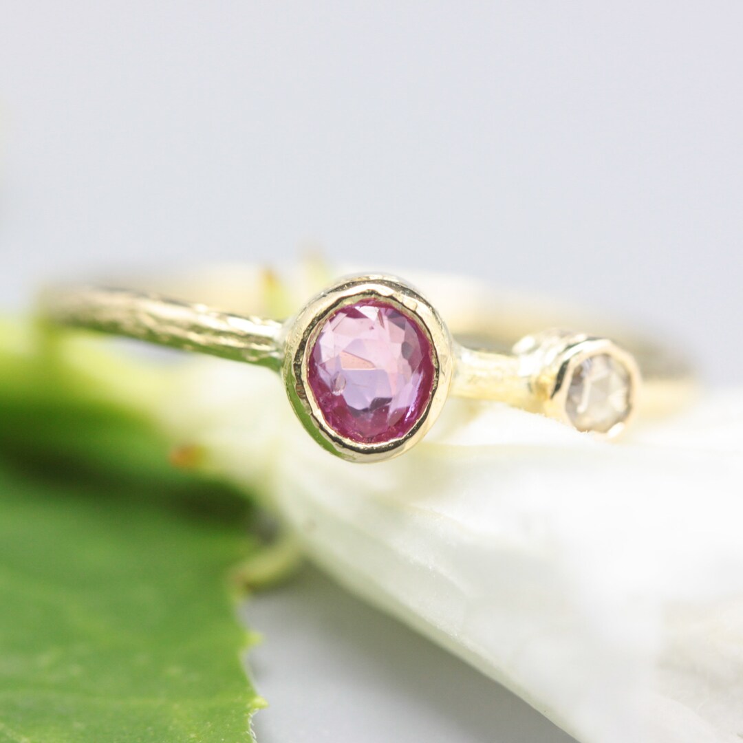 Oval Ruby Ring in Bezel Setting and Tiny Diamond With 18k Gold Texture ...