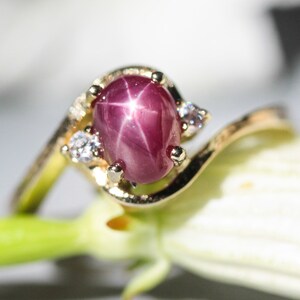 Oval Star Ruby Ring and Twin Side Set Diamonds With 14k Gold Wood ...