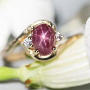 Oval Star Ruby Ring and Twin Side Set Diamonds With 14k Gold Wood ...