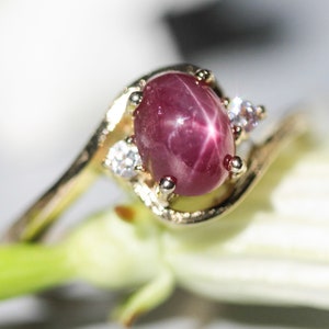 Oval Star Ruby Ring and Twin Side Set Diamonds With 14k Gold Wood ...
