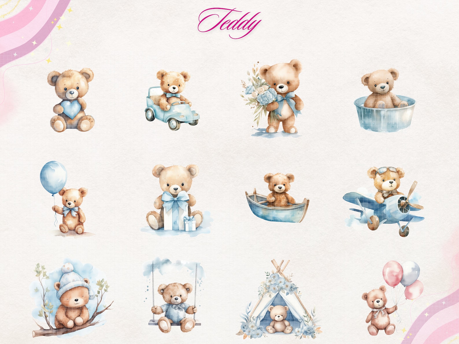 Watercolor Blue Teddy Bear Clipart Baby Shower, Cute Teddy Bear, Blue ...