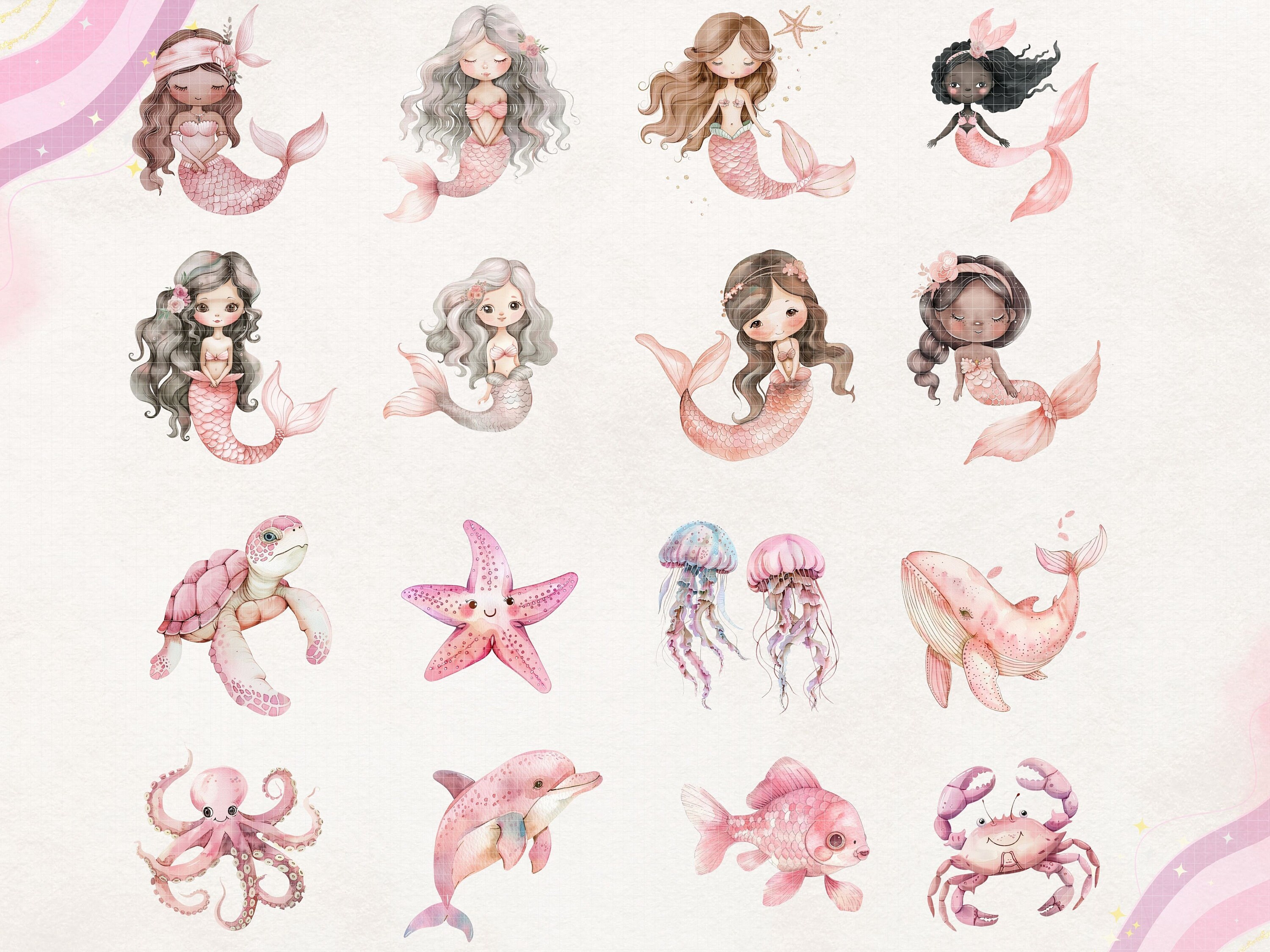 Watercolor Mermaid Clipart Mermaid Magic, Cute Mermaid Clipart, Sealife ...