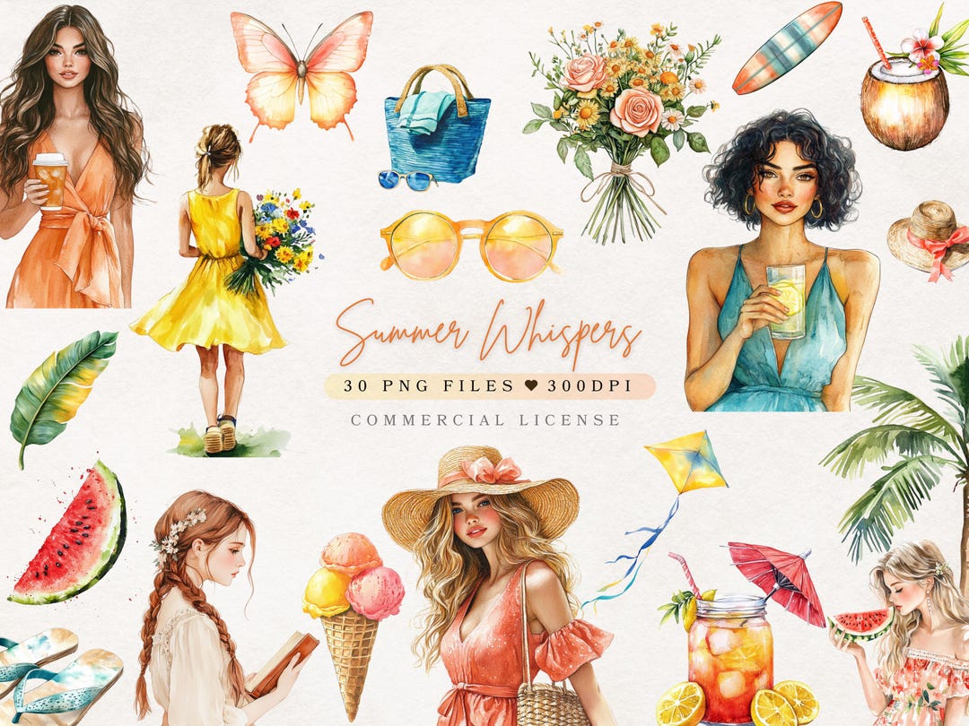 Watercolor Summer Clipart | Beach Day Clipart | Tropical Summer Clipart ...