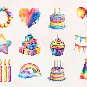 45 Watercolor Birthday Clipart Rainbow Birthday Decor Balloons Clipart ...