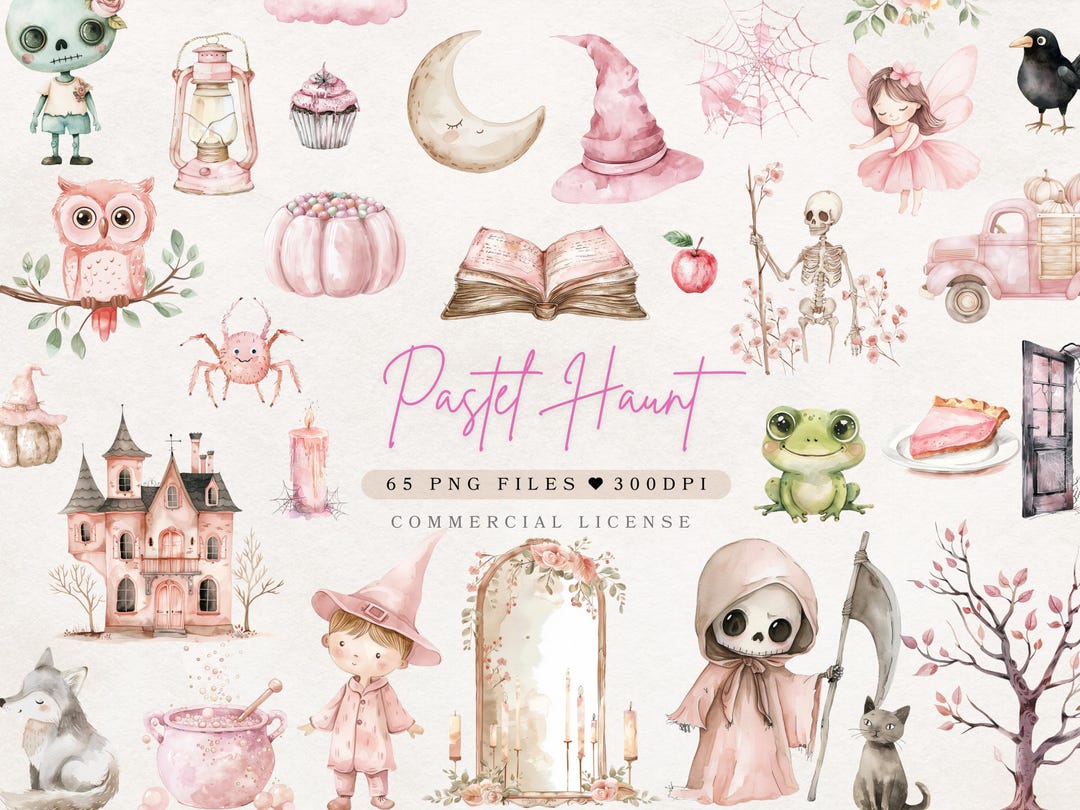 Watercolor Pink Spooky Clipart Pink Cute Scary Clipart Pastel Haunts ...