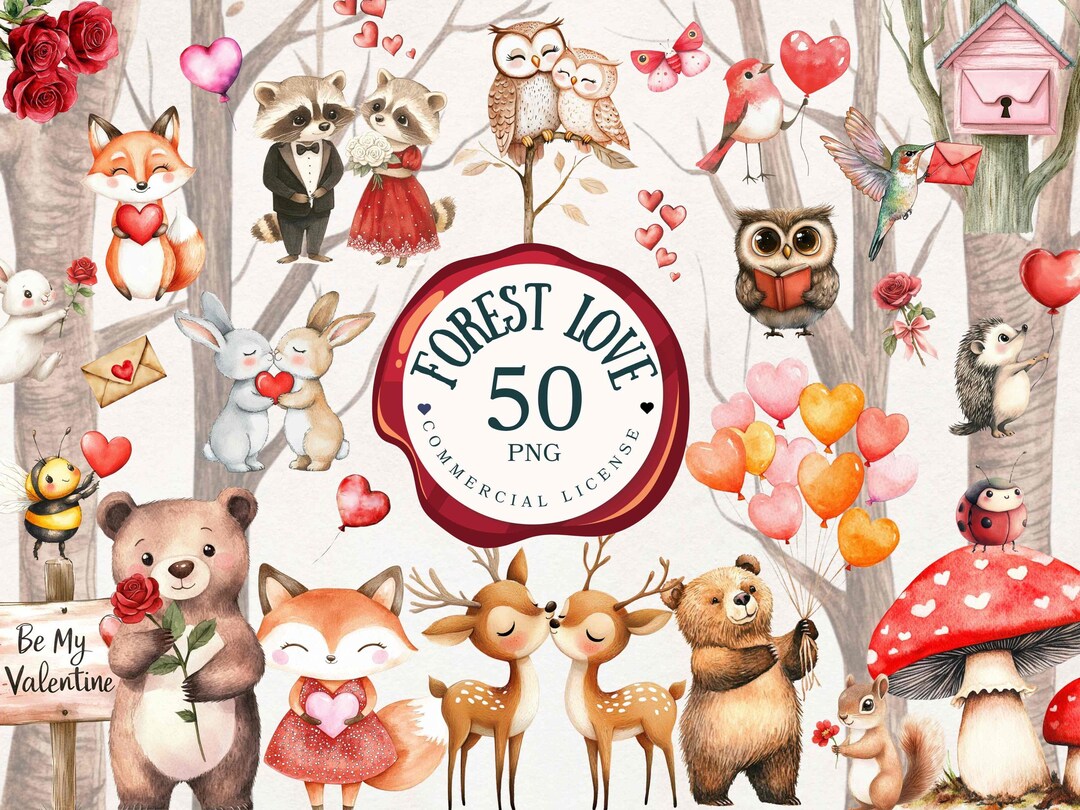 Watercolor Valentines Clipart Sweet Woodland Animal PNG | Animal Love ...