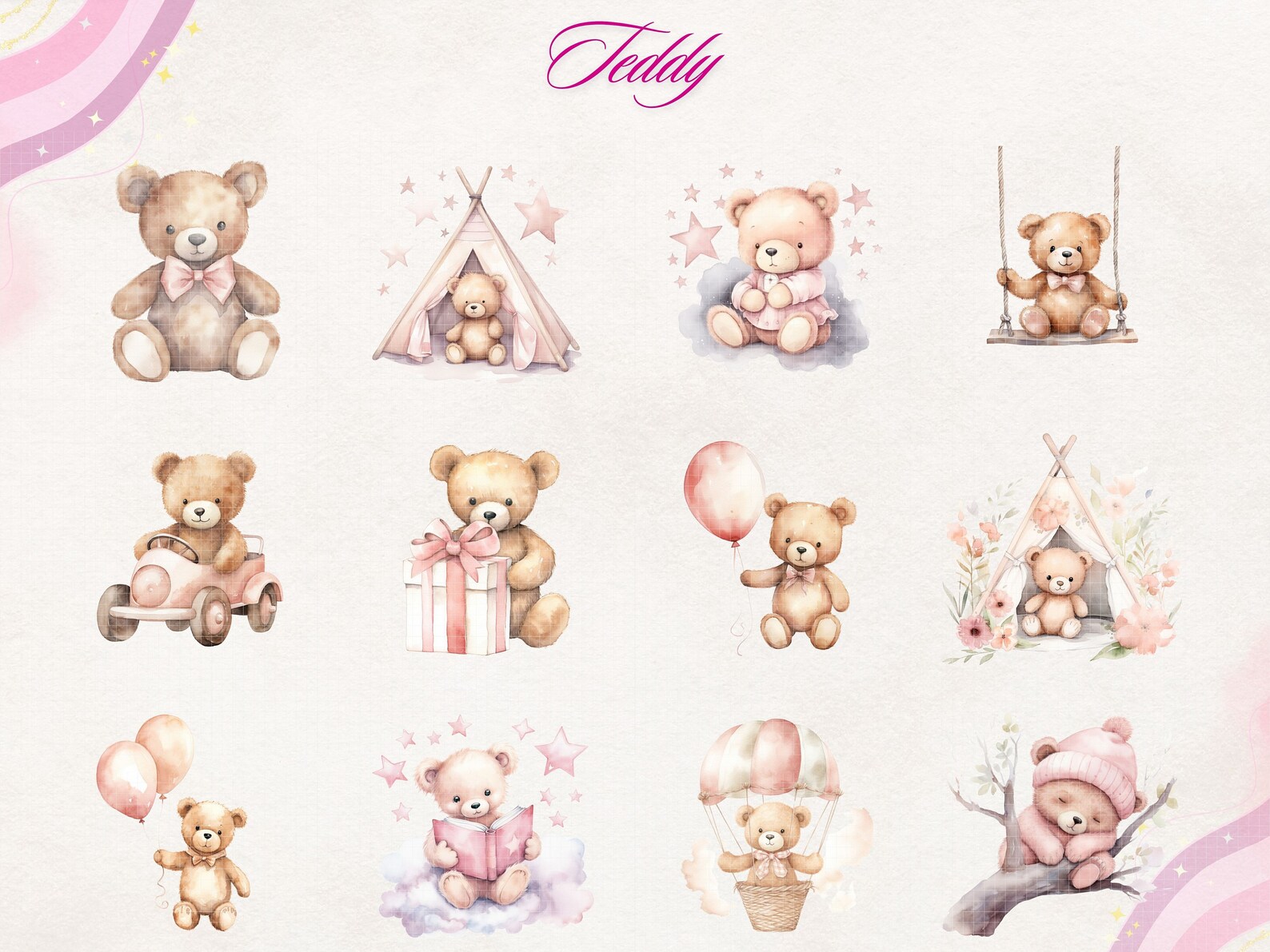 Watercolor Pink Teddy Bear Clipart Cute Teddy Bear Sleepy Teddy Bear ...