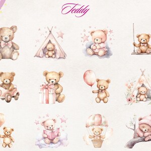 Watercolor Pink Teddy Bear Clipart | Cute Teddy Bear | Sleepy Teddy ...