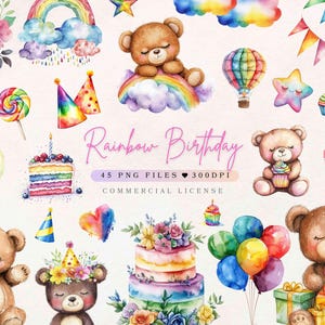 45 Watercolor Birthday Clipart Rainbow Birthday Decor Balloons Clipart ...