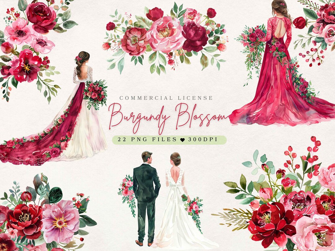 Burgundy Flowers Floral Clipart Watercolor Flower Clipart | Wedding ...