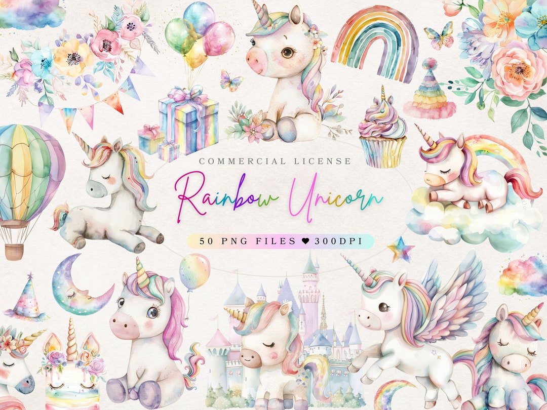 Watercolor Rainbow Unicorn Clipart Magic Baby Unicorn PNG, Baby Shower ...