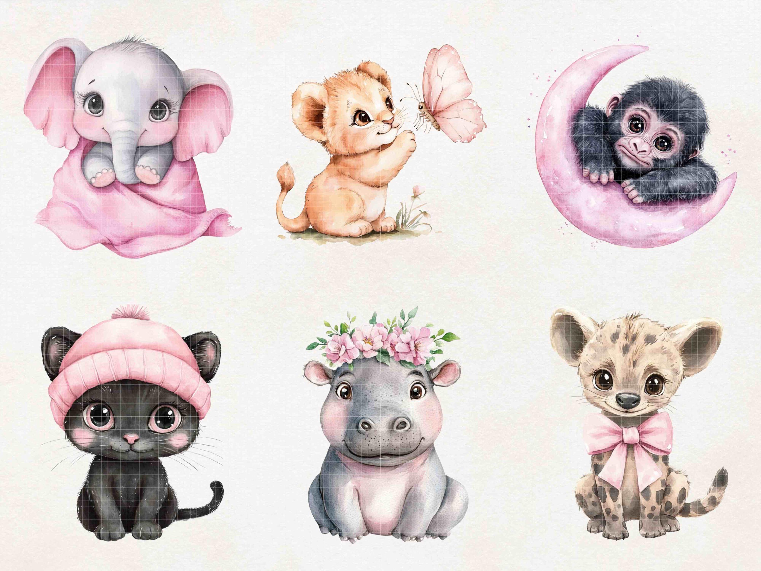 Watercolor Safari Clipart Cute Pink Safari Jungle Animals Wild Animals ...