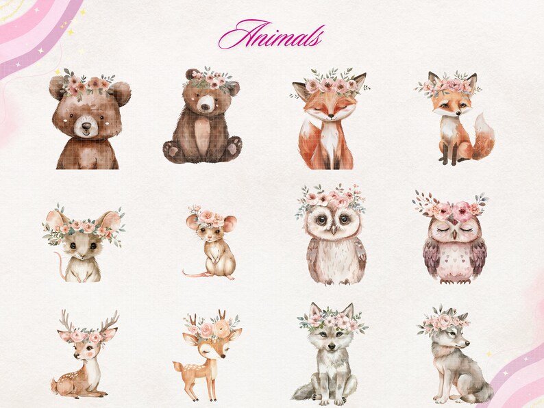 Watercolor Woodland Animals Clipart, Floral Cute Woodland Animals PNG ...