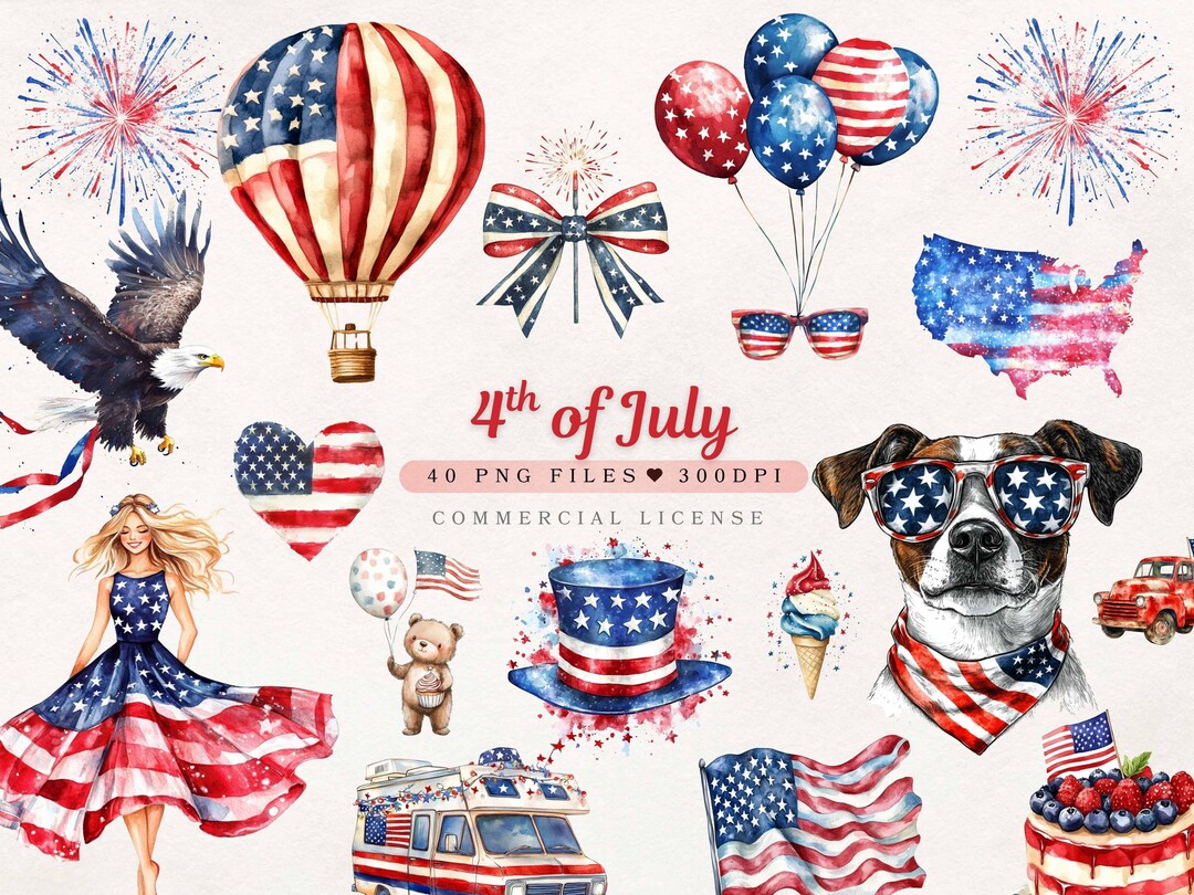 Watercolor 4th of July Clipart USA Independence Day Clipart Patriotic ...
