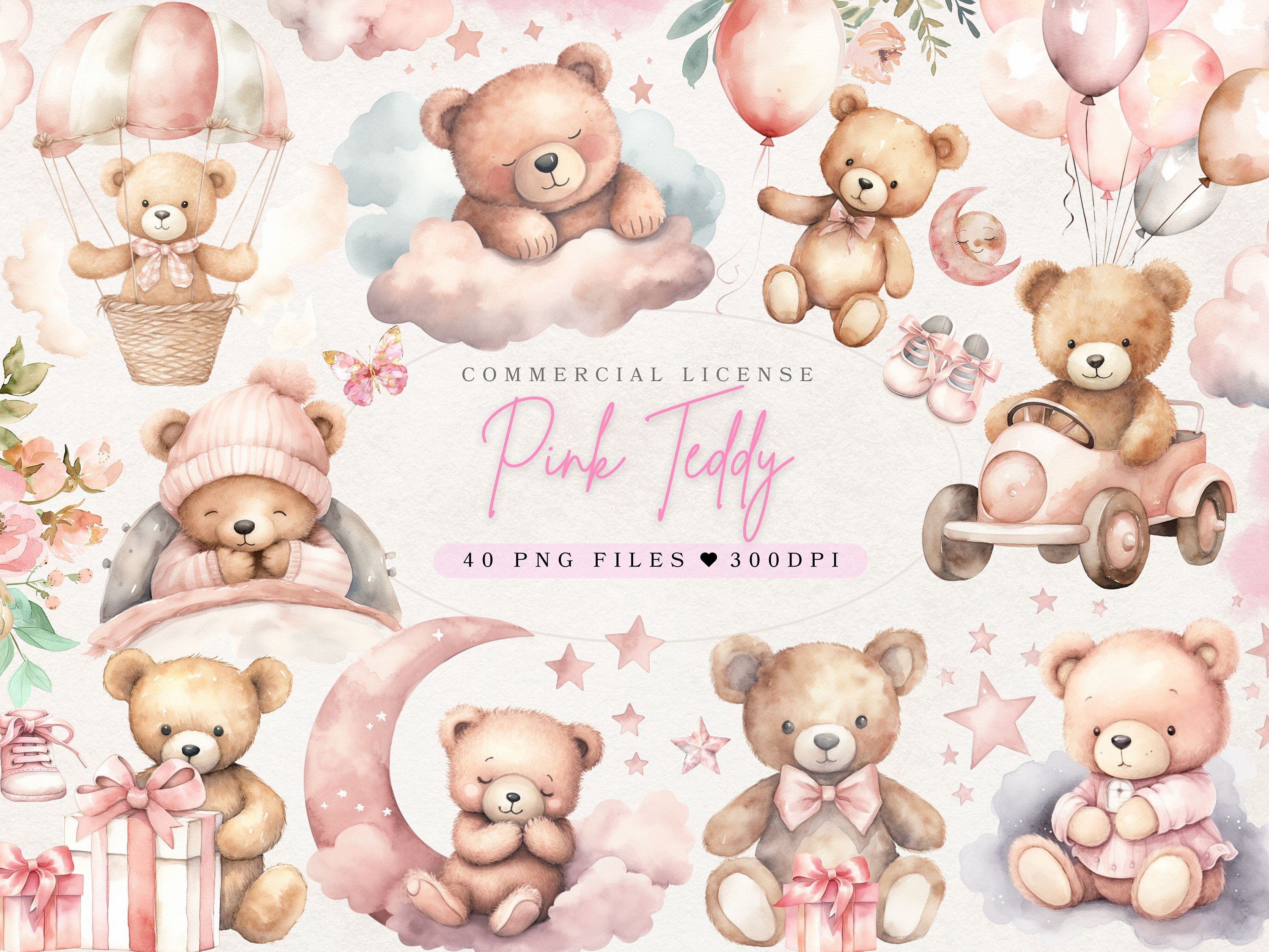Watercolor Pink Teddy Bear Clipart Cute Teddy Bear Sleepy Teddy Bear ...